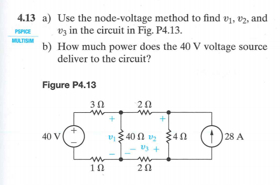 Solved 4.13 a) Use the node-voltage method to find vi, V2, | Chegg.com