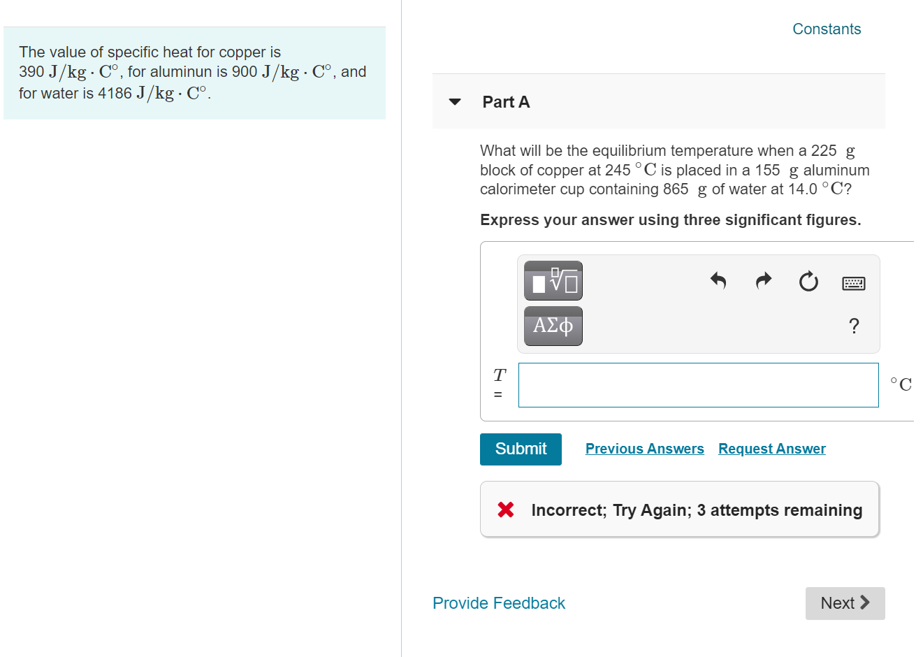 Solved Constants The value of specific heat for copper is | Chegg.com