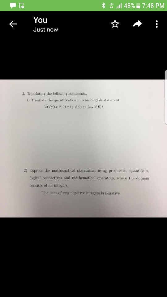 Solved H: "ill 48% 7:48 PM You Just now 3. Translating the | Chegg.com