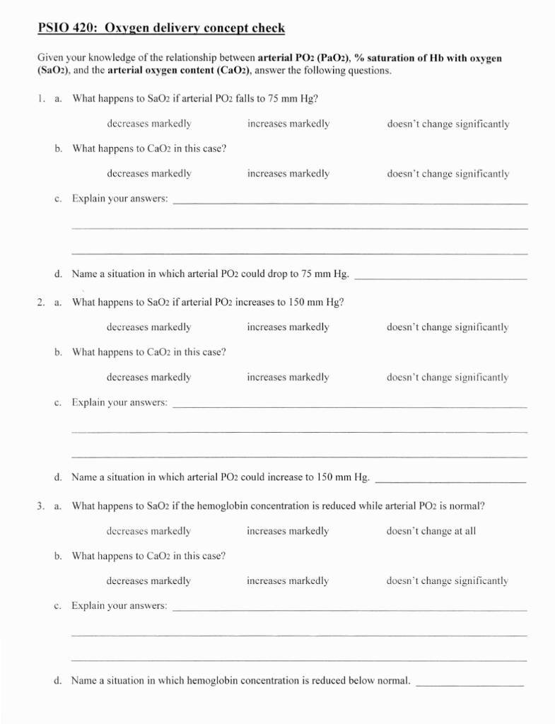 Solved PSIO 420: Oxygen delivery concept check Given your | Chegg.com