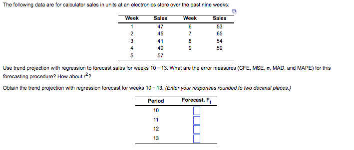 Solved Use trend projection with regression to forecast | Chegg.com
