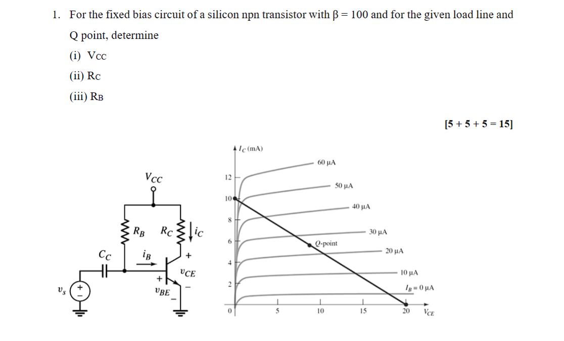 Solved 1. For the fixed bias circuit of a silicon npn | Chegg.com