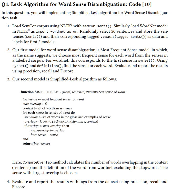 Solved Q1. ﻿Lesk Algorithm for Word Sense Disambiguation: | Chegg.com