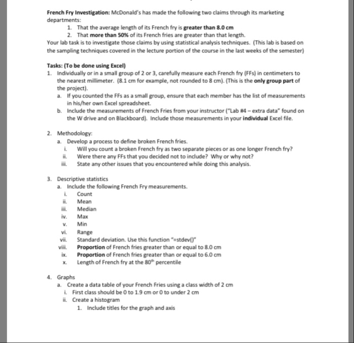 Solved I need 170 measurements of French fries and the | Chegg.com