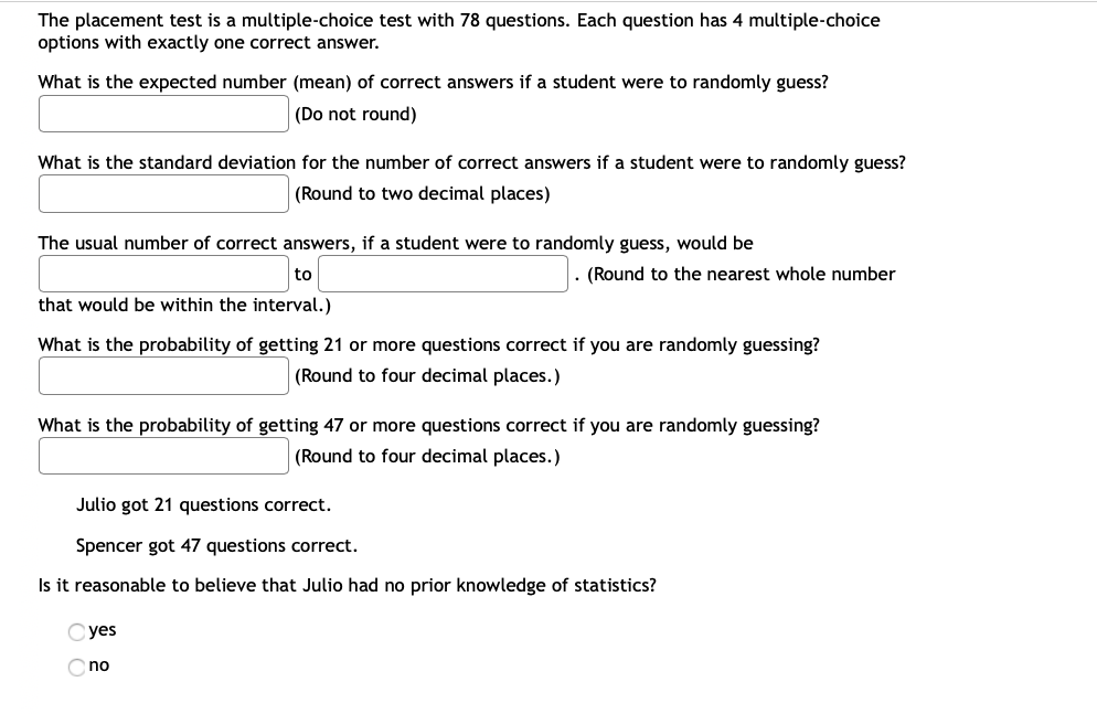 Solved The placement test is a multiple-choice test with 78 | Chegg.com