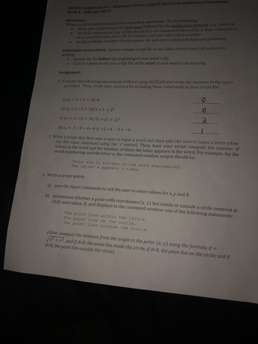 Solved Egr 106 Assignment 4 Relational Arrays Logical 