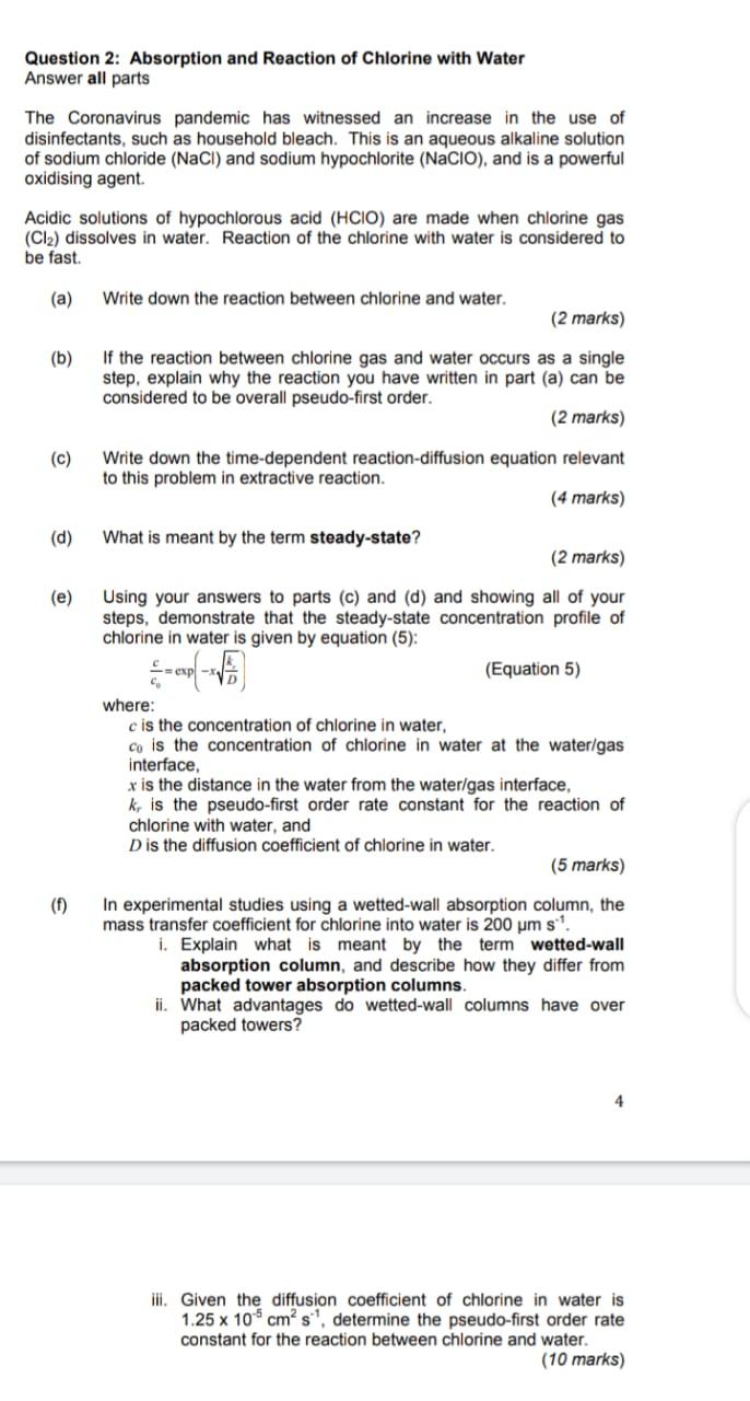 Solved Question 2: Absorption and Reaction of Chlorine with | Chegg.com