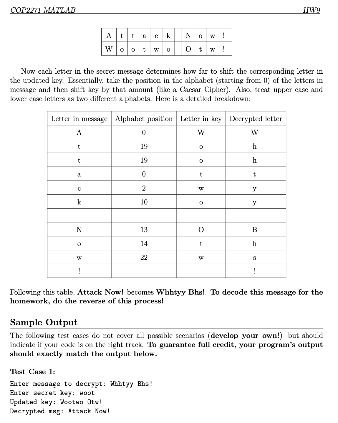 COP2271 MATLAB HW9 Homework: Modified Vigenere Cipher | Chegg.com