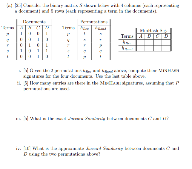 (a) [25] Consider the binary matrix S shown below | Chegg.com