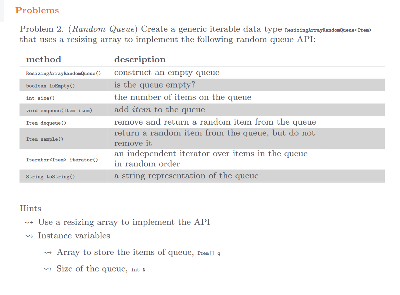 Problems Problem 2. (Random Queue) Create a generic | Chegg.com