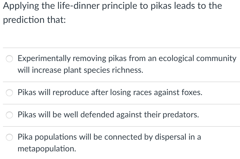 Solved Applying the life-dinner principle to pikas leads to | Chegg.com