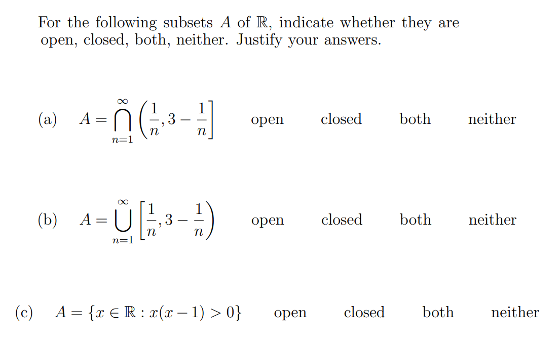 Solved For the following subsets A of R, indicate whether | Chegg.com