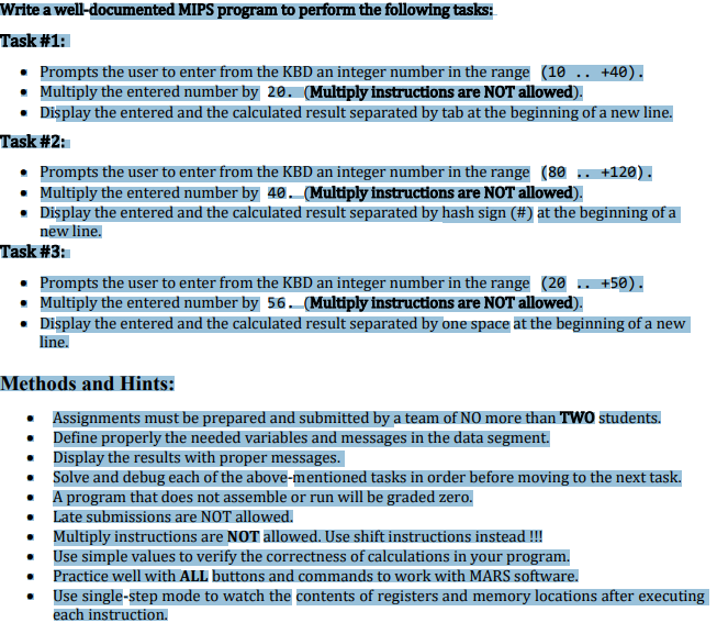 Solved Write a well-documented MIPS program to perform the | Chegg.com