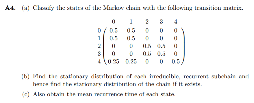 Solved A4. (a) Classify the states of the Markov chain with | Chegg.com