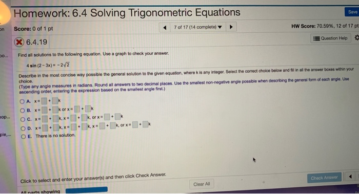 Solved Homework: 6.4 Solving Trigonometric Equations Save on | Chegg.com