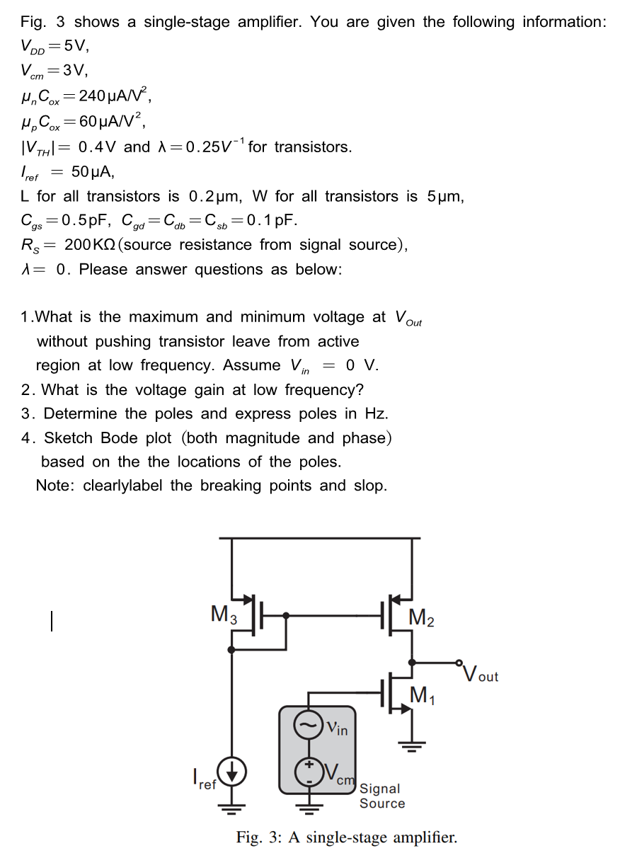 Solved Fig. 3 shows a single-stage amplifier. You are given | Chegg.com