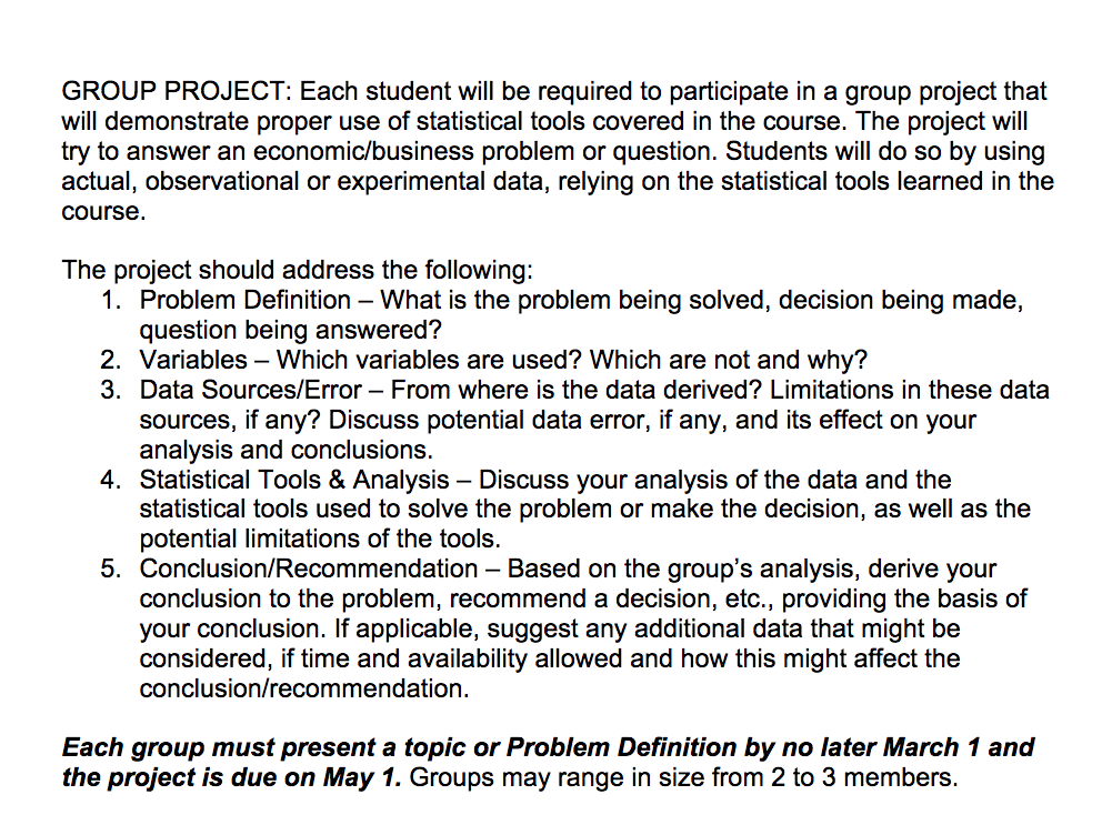 Solved GROUP PROJECT: Each student will be required to | Chegg.com