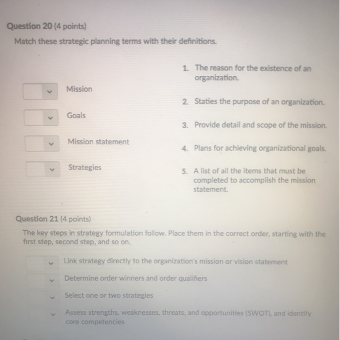 Solved Question 20 (4 points) Match these strategic planning | Chegg.com