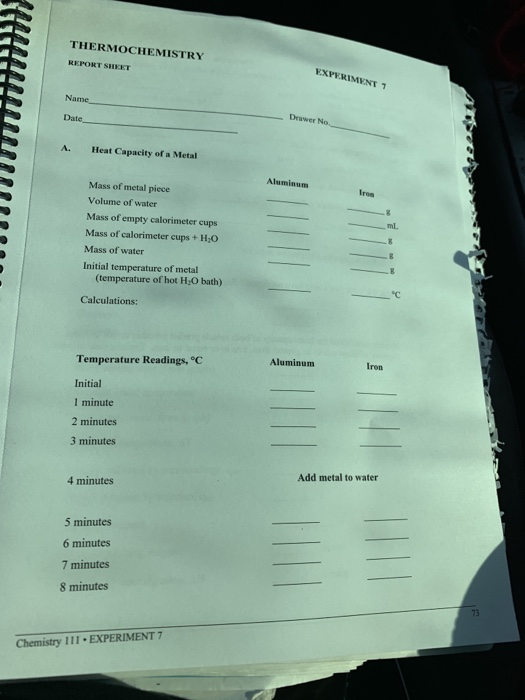 THERMOCHEMISTRY EXPERIMENT REPORT SHEET Name Drawer | Chegg.com