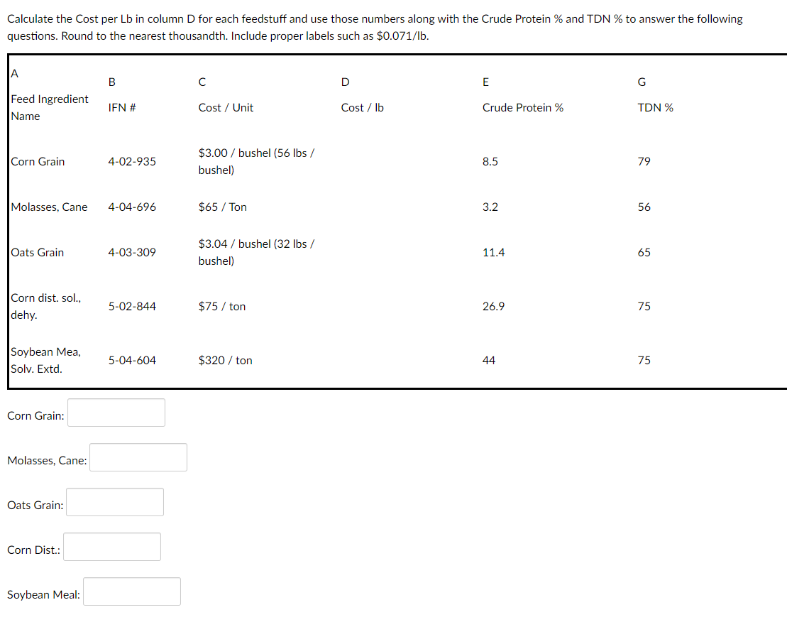 Solved Calculate the Cost per Lb in column D for each | Chegg.com