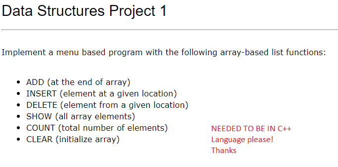 Solved Data Structures Project 1 Implement a menu based | Chegg.com