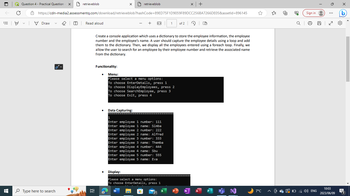 Solved Create a console application which uses a dictionary | Chegg.com