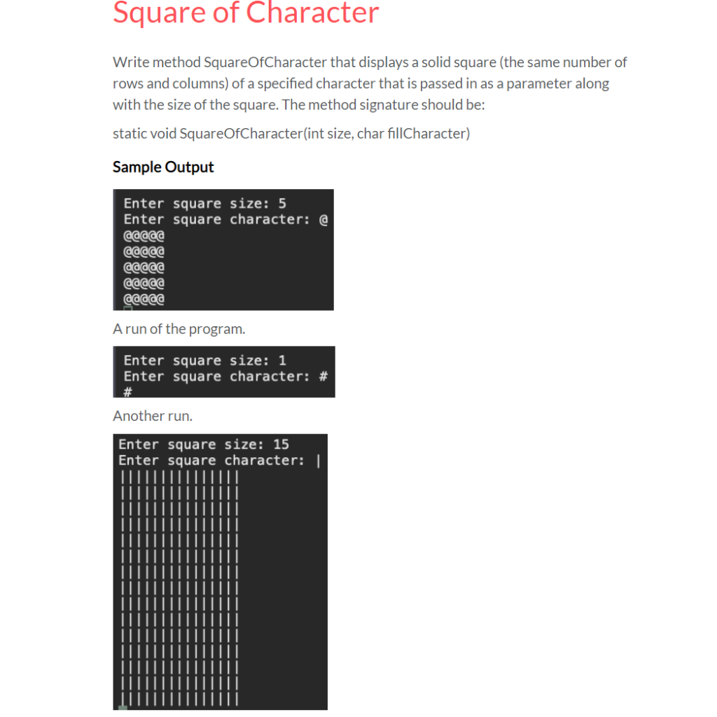 Solved Square of Character Write method SquareOfCharacter | Chegg.com