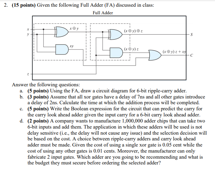 Solved 2. (15 points) Given the following Full Adder (FA) | Chegg.com