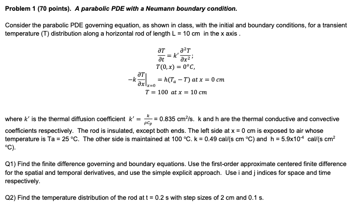 Solved Problem 1 (70 points). A parabolic PDE with a Neumann | Chegg.com