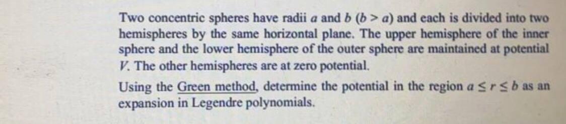 Solved Two concentric spheres have radii a and b (b> a) and | Chegg.com