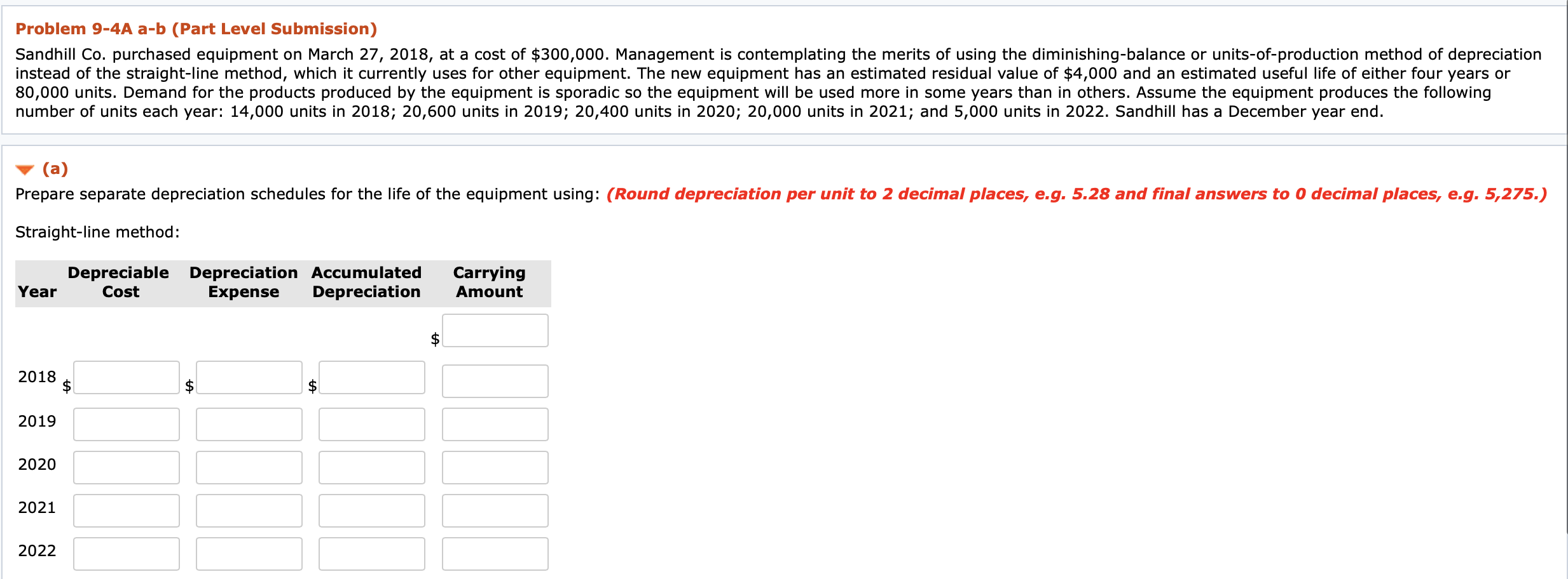Solved Problem 9-4A a-b (Part Level Submission) Sandhill Co. | Chegg.com