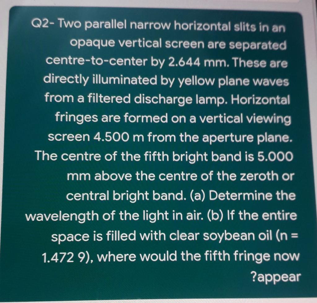 Solved Q2-Two parallel narrow horizontal slits in an opaque | Chegg.com