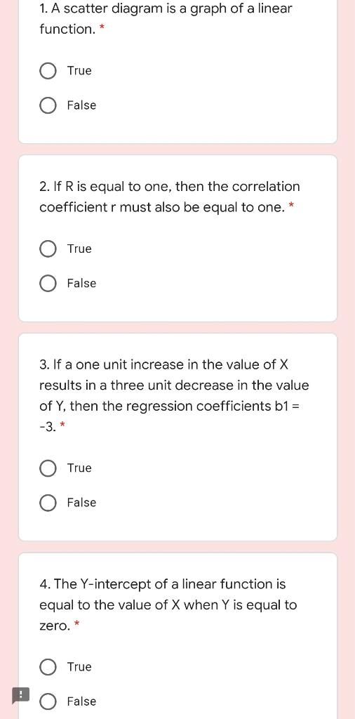 Solved 1. A scatter diagram is a graph of a linear function. | Chegg.com