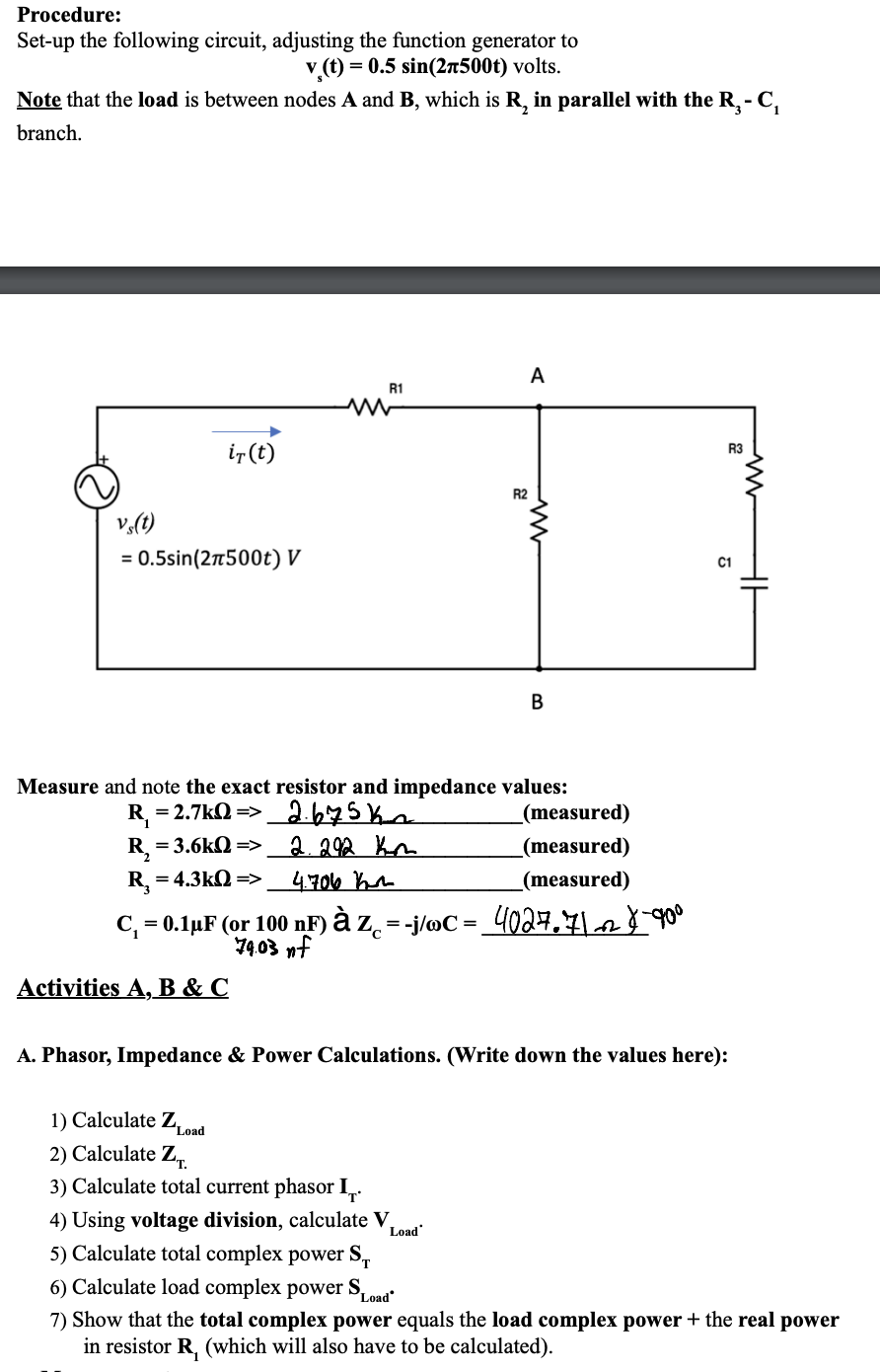 Solved A. ﻿Phasor, Impedance & Power Calculations. (Write | Chegg.com