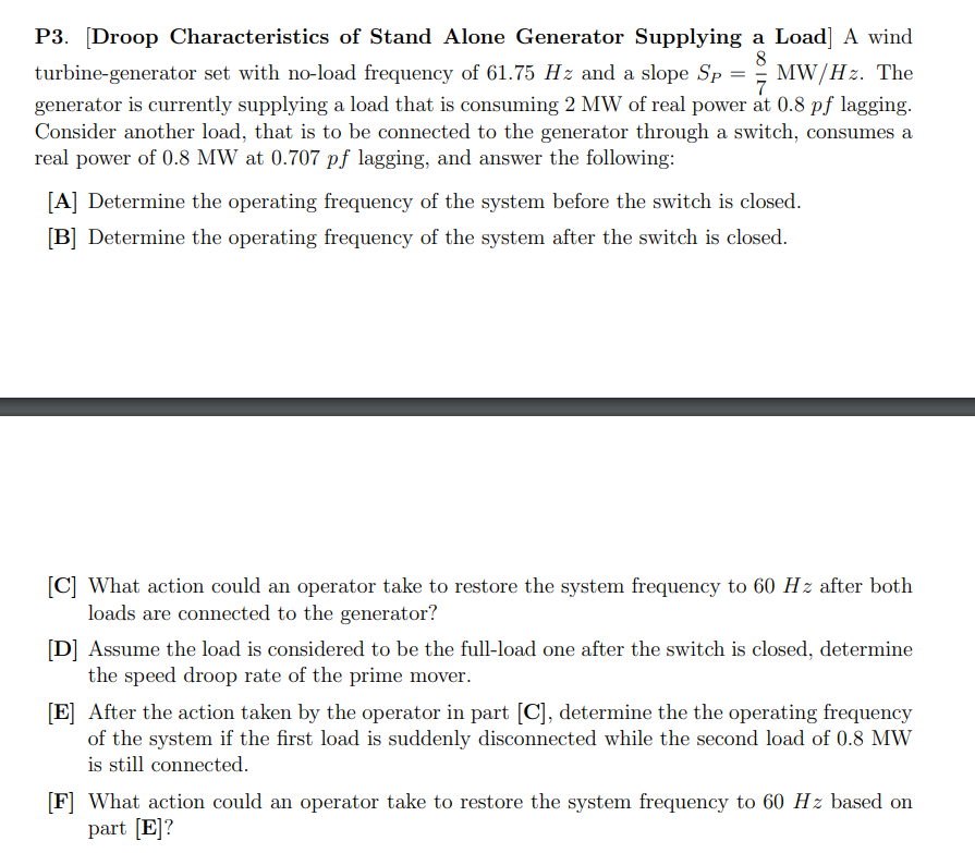 Solved P3. [Droop Characteristics of Stand Alone Generator | Chegg.com