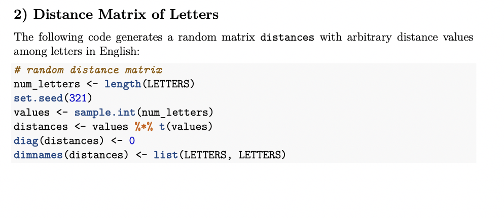 2) Distance Matrix of Letters The following code | Chegg.com