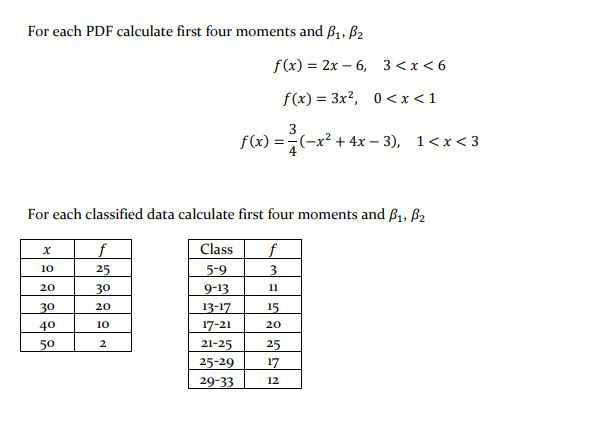 Solved For each PDF calculate first four moments and β1, β2 | Chegg.com