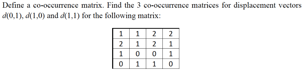 Define a co-occurrence matrix. Find the 3 | Chegg.com