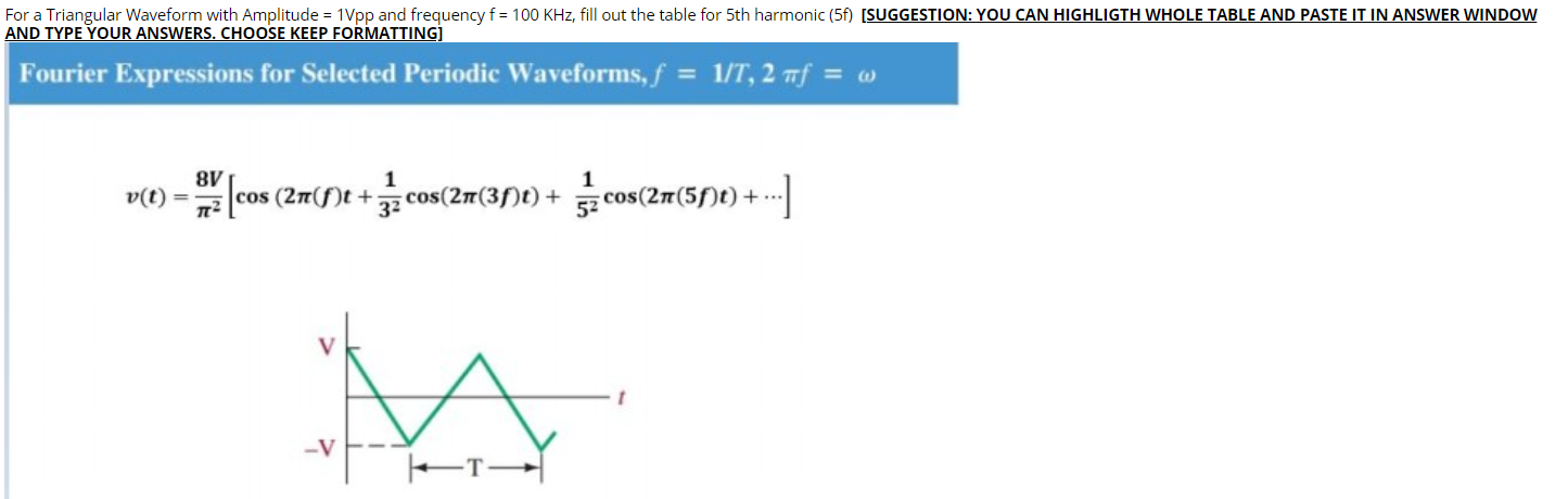 Solved For a Triangular Waveform with Amplitude = 1Vpp and | Chegg.com