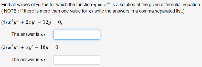 Solved Find all values of m the for which the function y=xm | Chegg.com