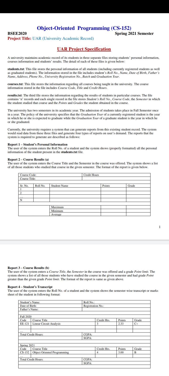 Object-Oriented Programming (CS-152) BSEE2020 Spring | Chegg.com