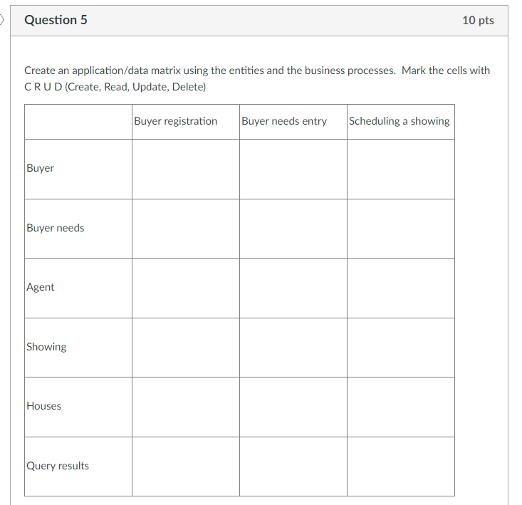 Solved Question 5 10 pts Create an application/data matrix | Chegg.com