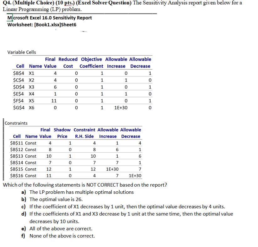 Solved Q4. Multiple Choice) (10 pts.) (Excel Solver | Chegg.com