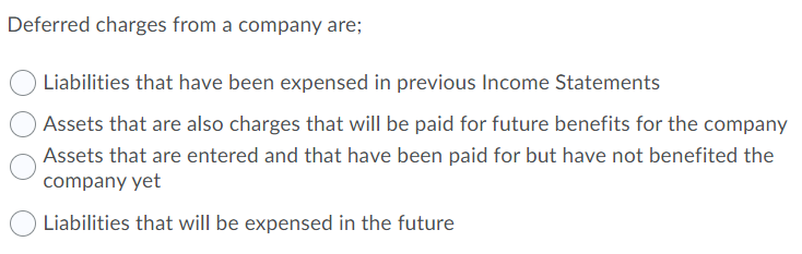 Solved Deferred charges from a company are; Liabilities that | Chegg.com
