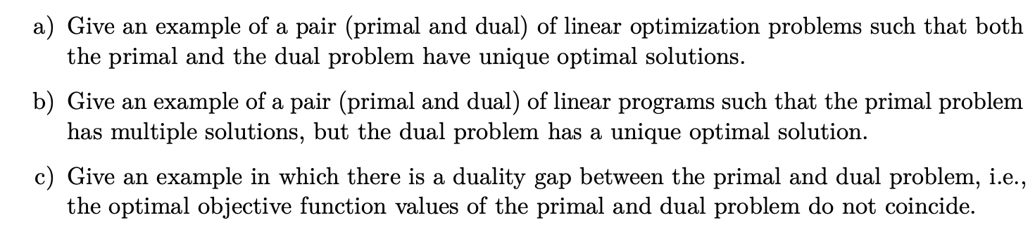 Solved a) Give an example of a pair (primal and dual) of | Chegg.com
