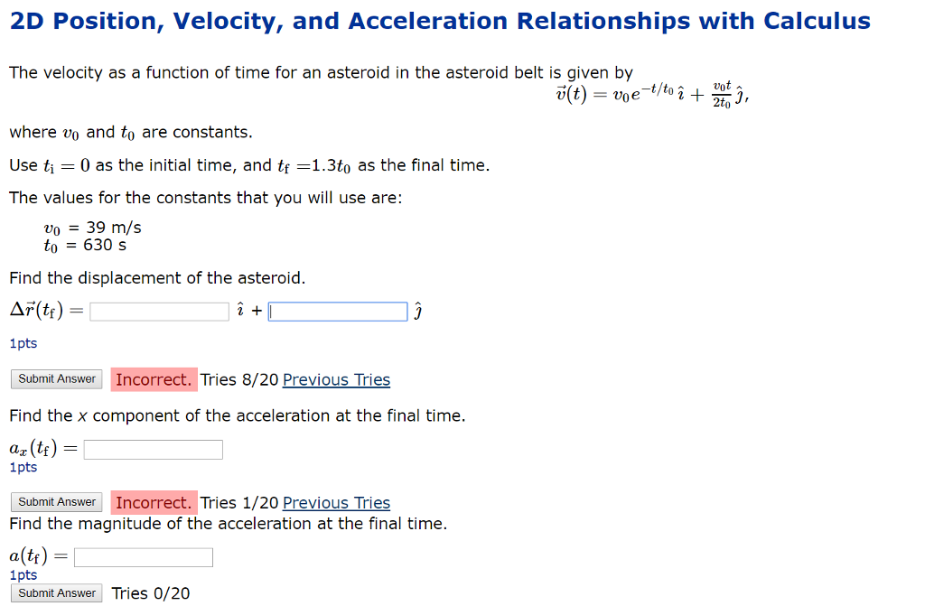 Solved 2d Position Velocity And Acceleration Relationships