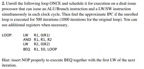 Unroll the following loop ONCE and schedule it for | Chegg.com