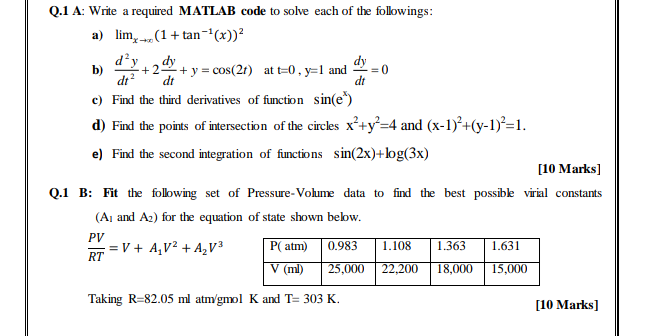 Solved + 2 = 0 dt Q.1 A: Write a required MATLAB code to | Chegg.com