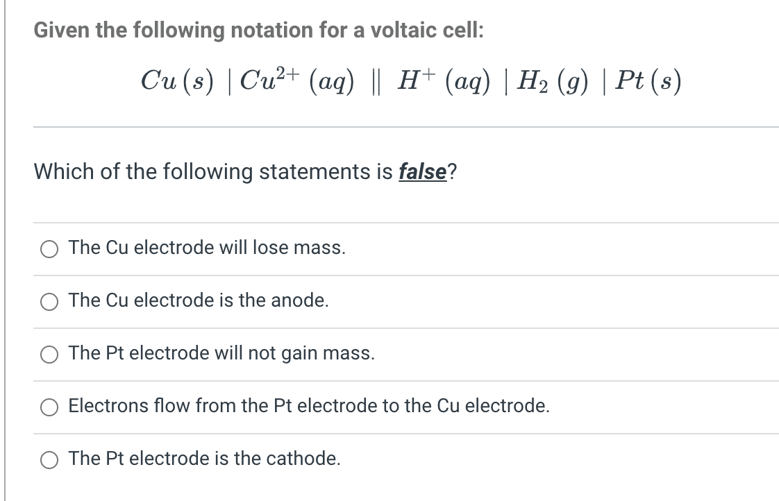Solved Given the following notation for a voltaic cell: + Cu | Chegg.com