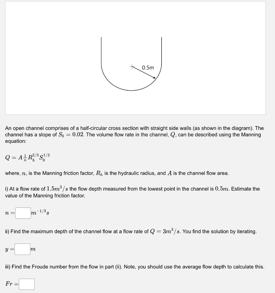 Solved 0.5m An open channel comprises of a half-circular | Chegg.com